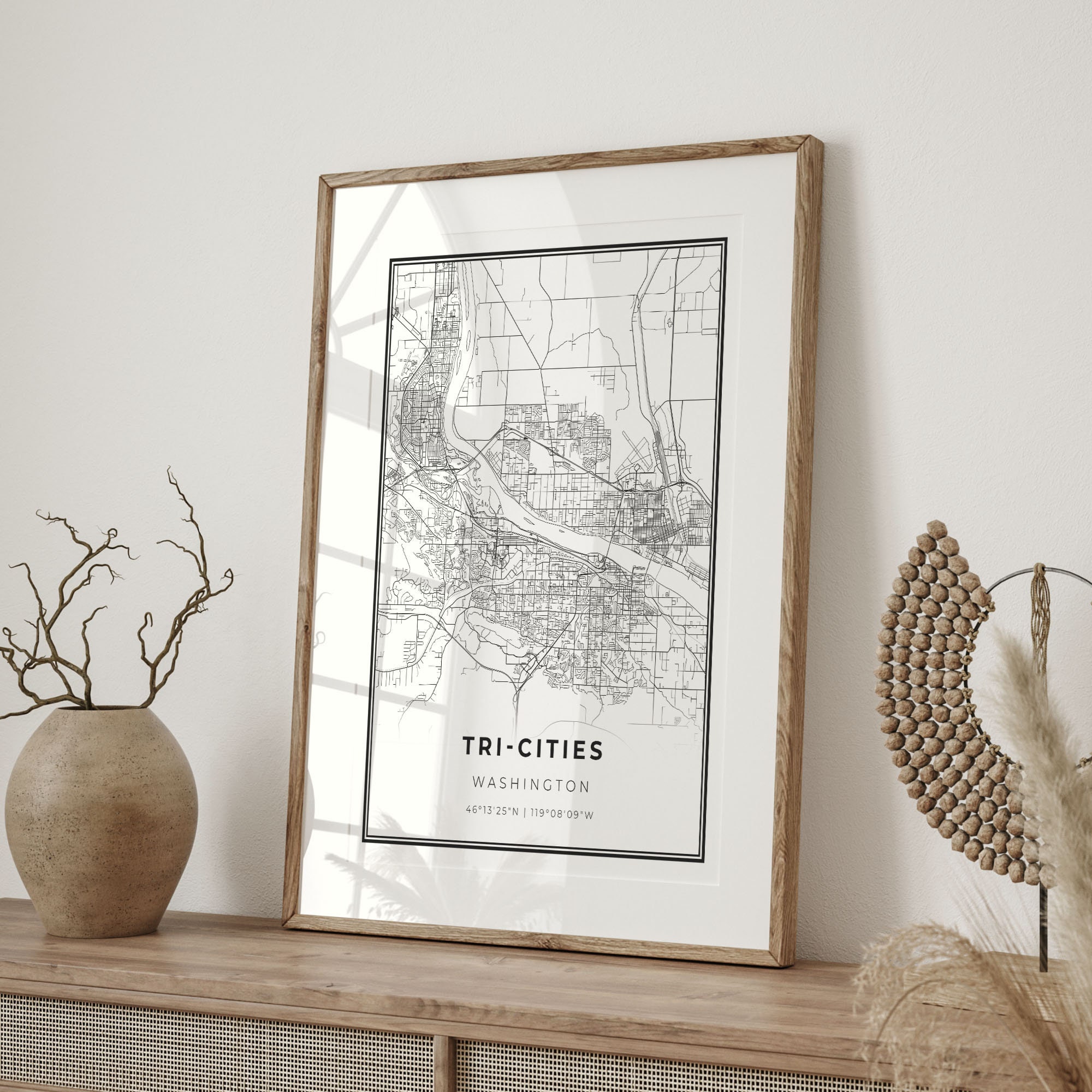 Tri-cities Washington Map Art Print: Modern Black and White Decor - Etsy