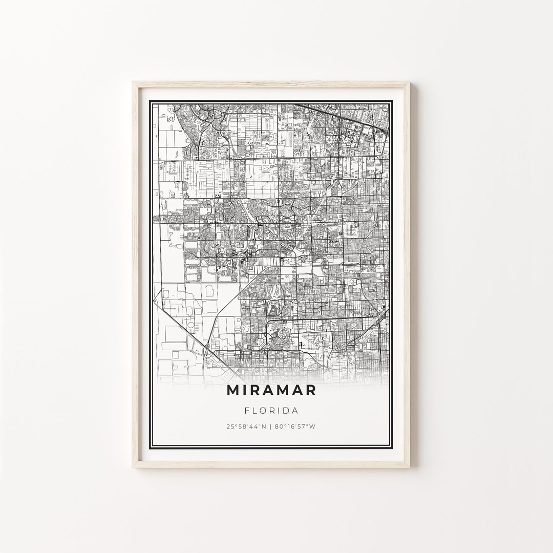 Miramar Florida Map Print: Modern Black and White City Art - Etsy
