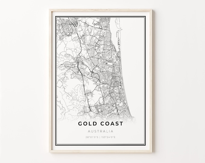 GOLD COAST MAP - High Quality Giclee Print, Minimalist Gold Coast Art ...