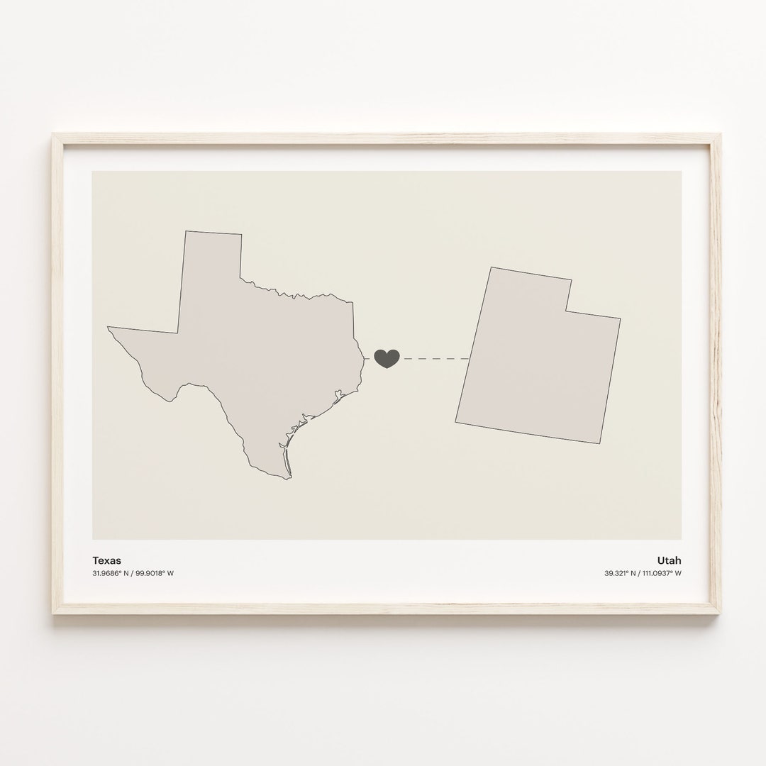 Texas to Utah Print, Utahn Gift, Minimalistic State Connection Map ...