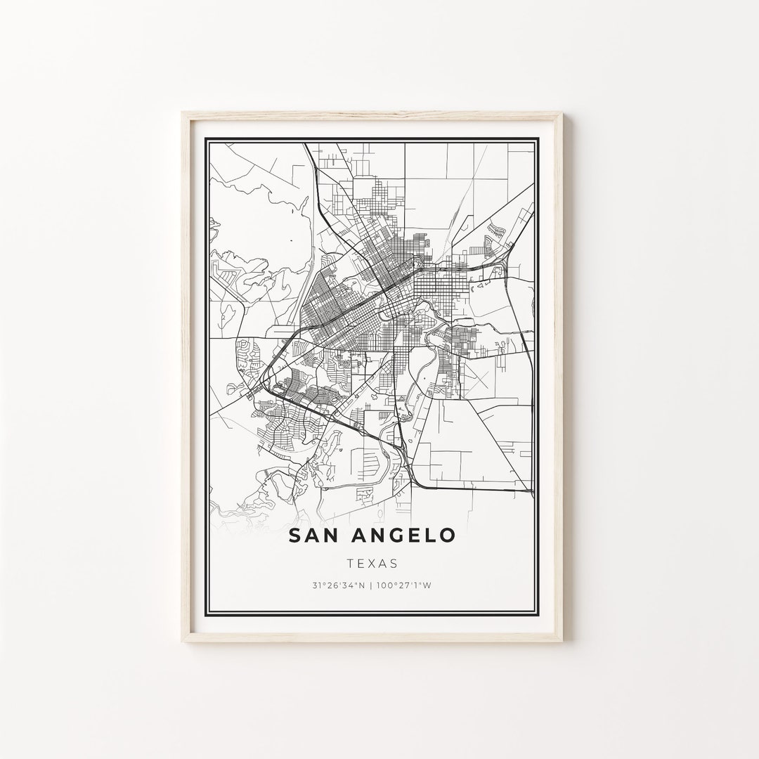 San Angelo Print, City Map Art Poster, Texas TX USA, Wall Art Decor ...