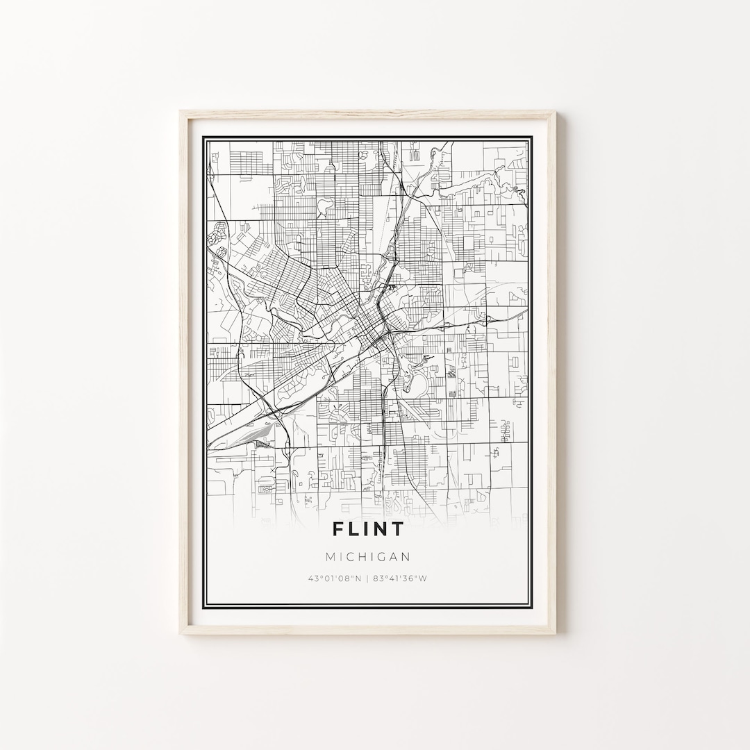 Flint Michigan Map Print: Modern Black and White City Art - Etsy