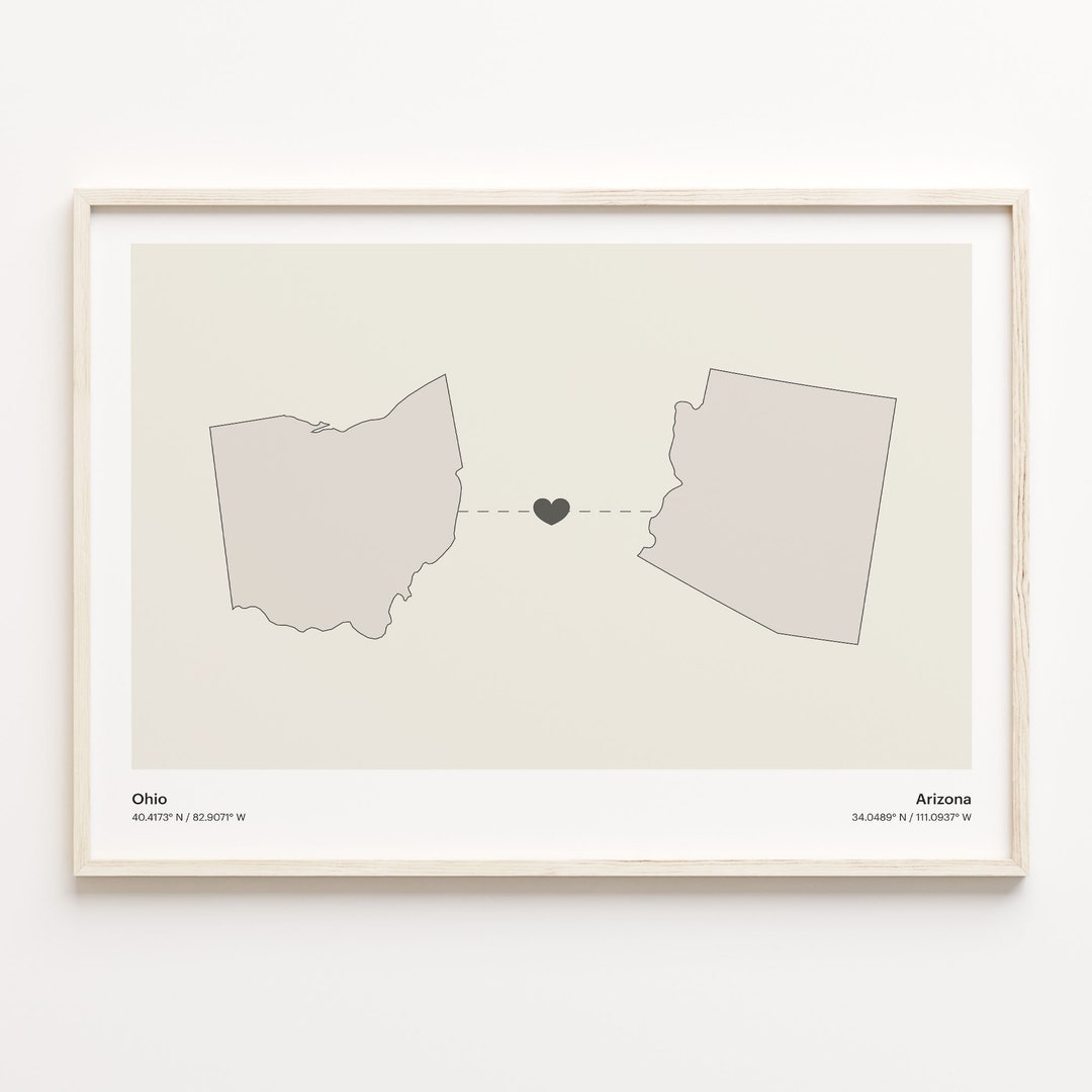 Ohio to Arizona Print, Arizonan Gift, Minimalistic State Connection Map ...