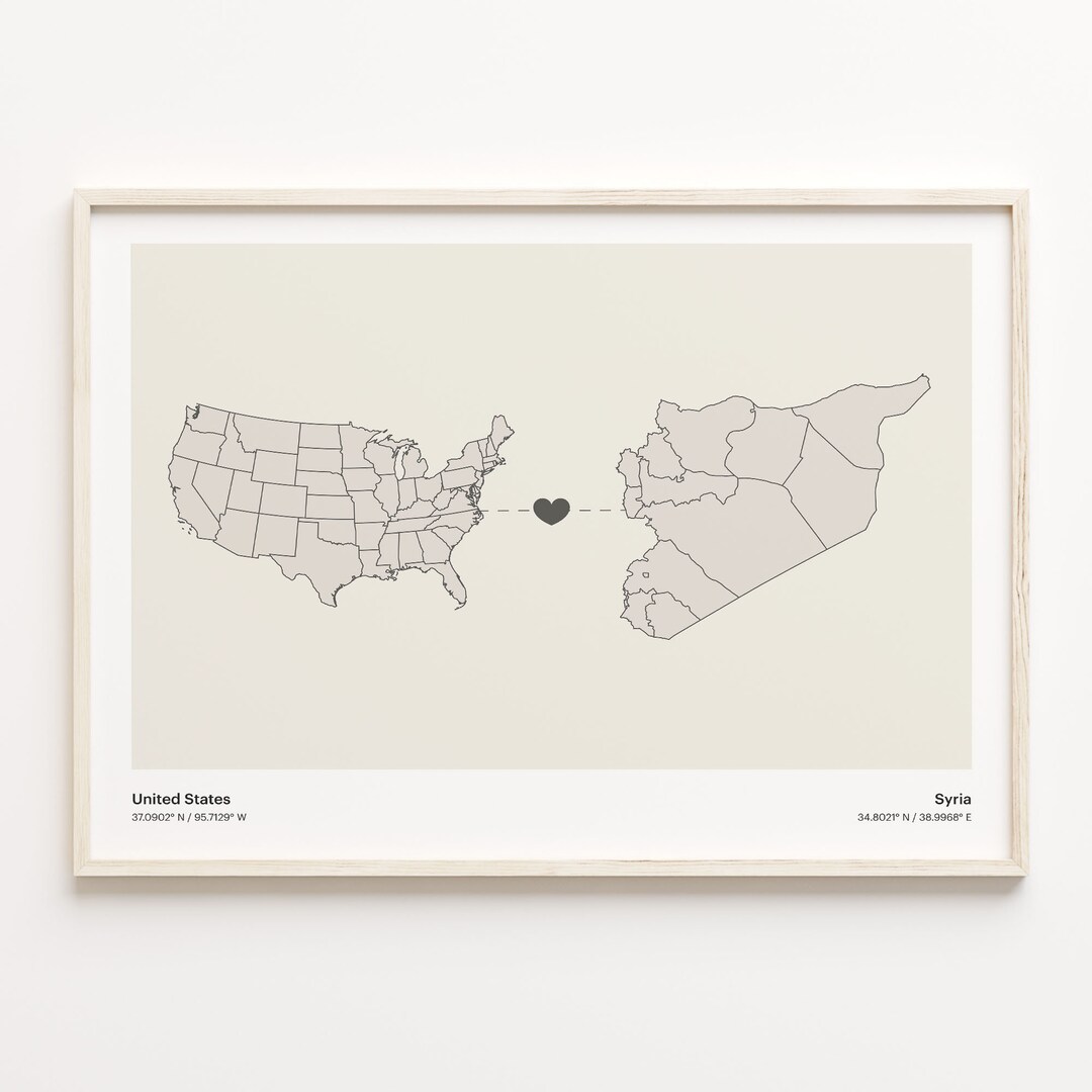 United States to Syria Print, Syrian Gift, Minimalistic Country ...