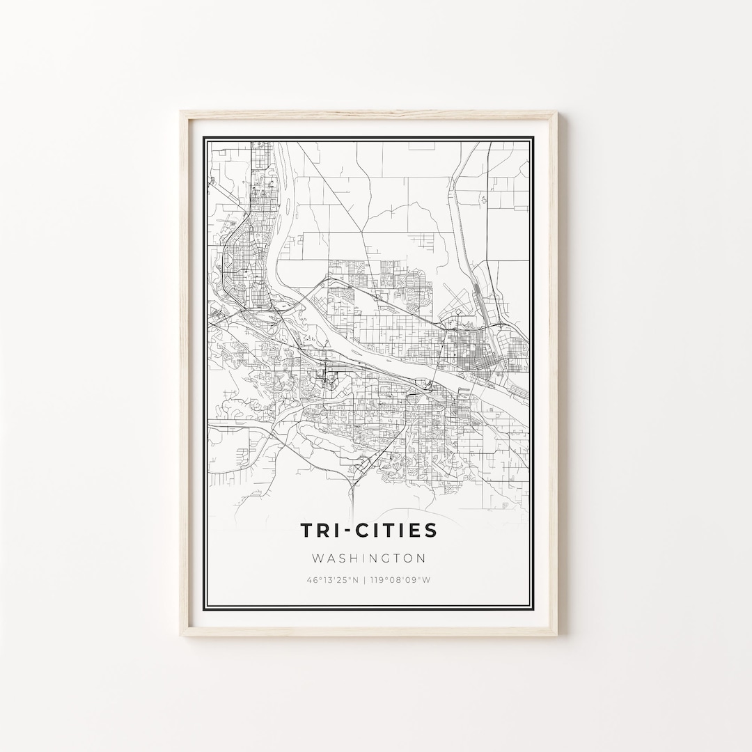 Tri-cities Washington Map Art Print: Modern Black and White Decor - Etsy