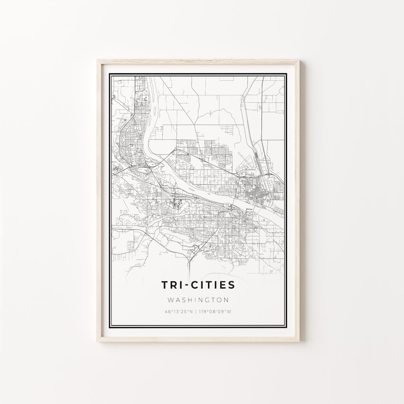 Tri-cities Washington Map Art Print: Modern Black and White Decor - Etsy