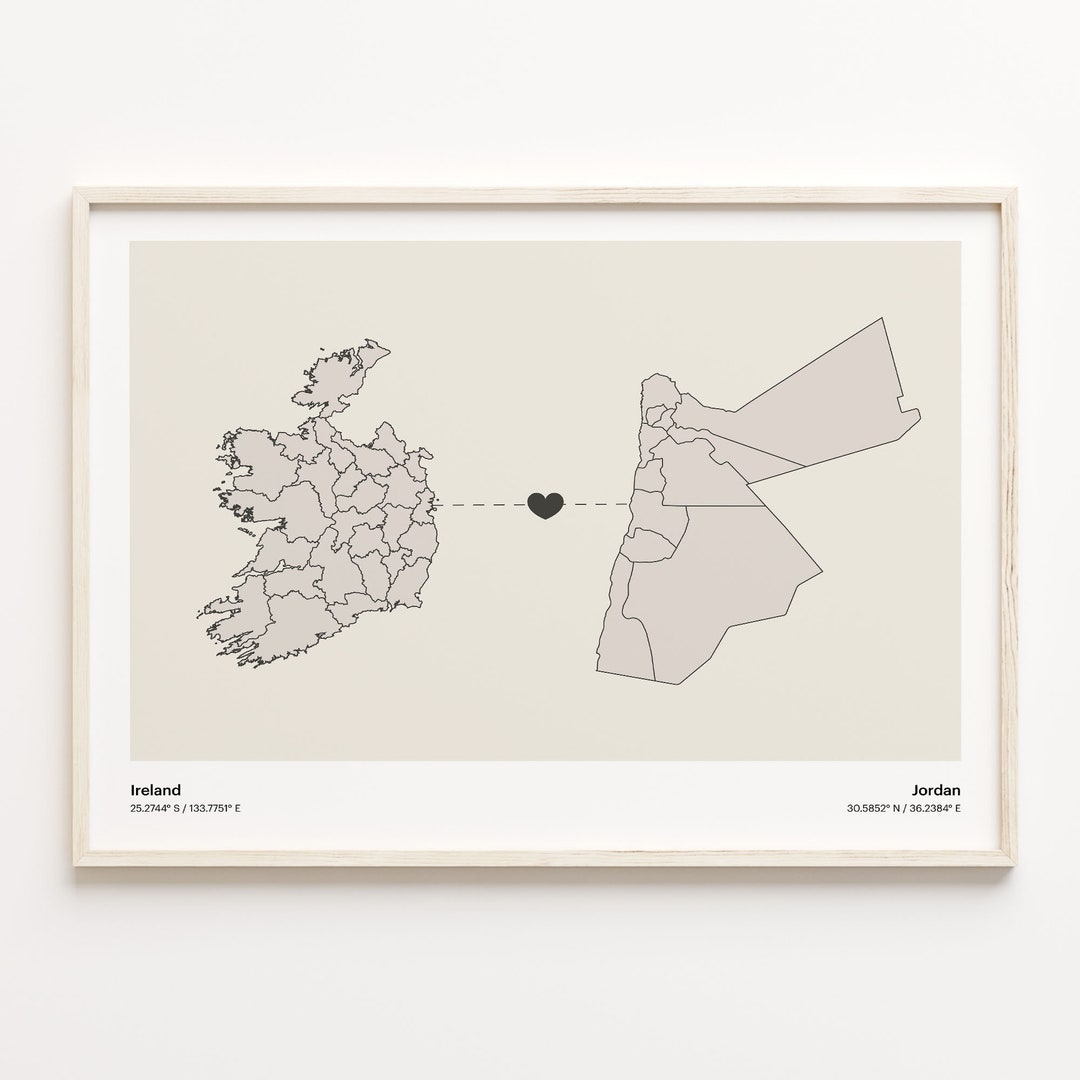 Ireland to Jordan Print, Jersey Gift, Minimalistic Country Connection ...