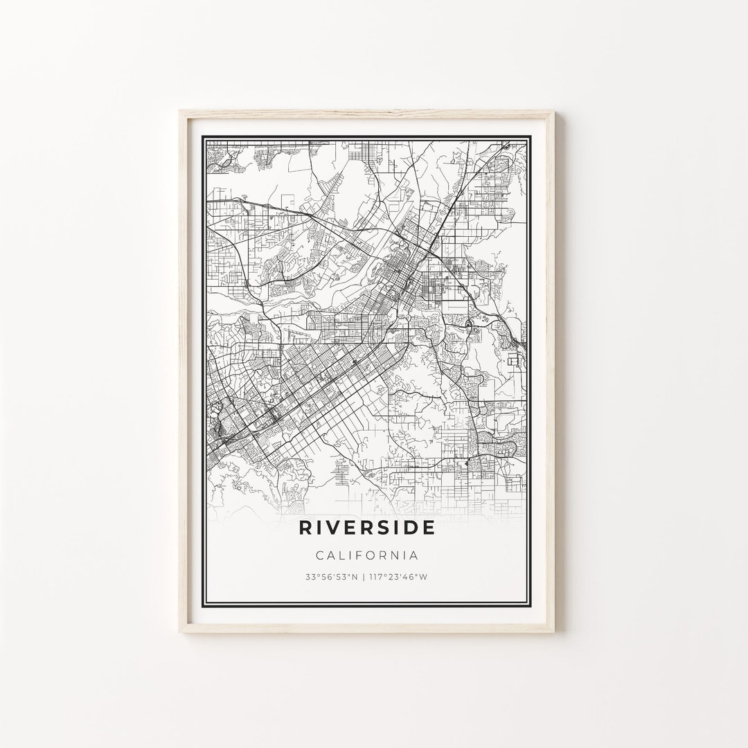 Riverside California Map Art Print: Modern Black and White Wall Decor ...