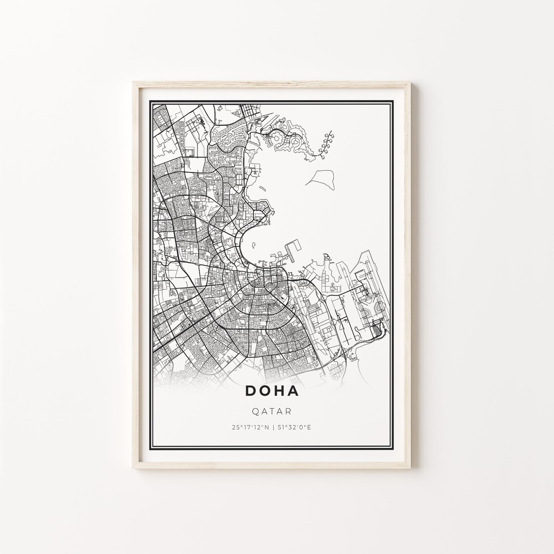 Doha Print, City Map Art Poster, Qatar, Wall Art Decor, Modern Black ...
