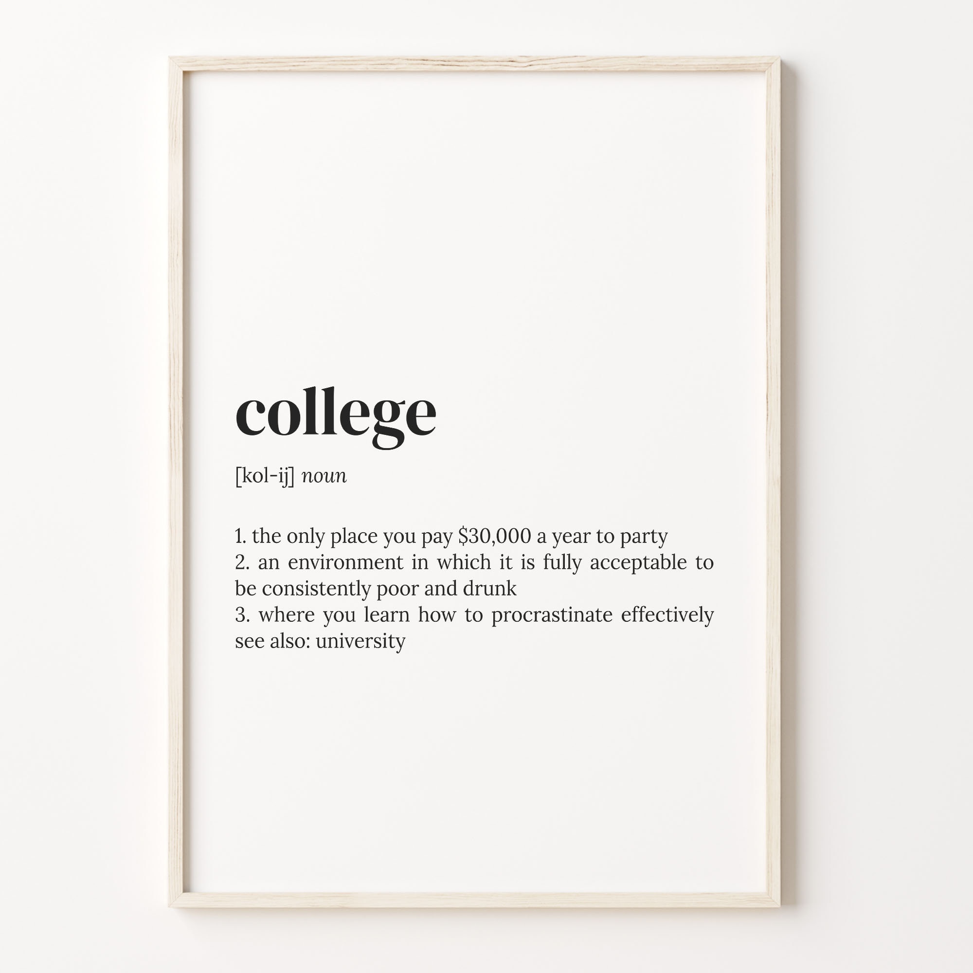 College Definition Print, Dictionary Poster, Quote Wall Art, Funny ...
