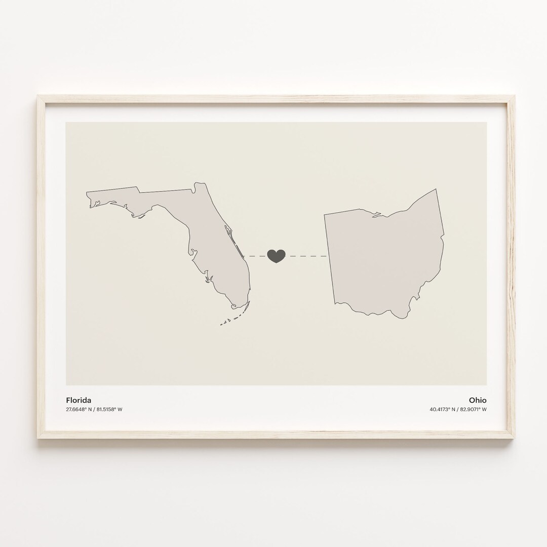 Florida to Ohio Print, Ohioan Gift, Minimalistic State Connection Map ...