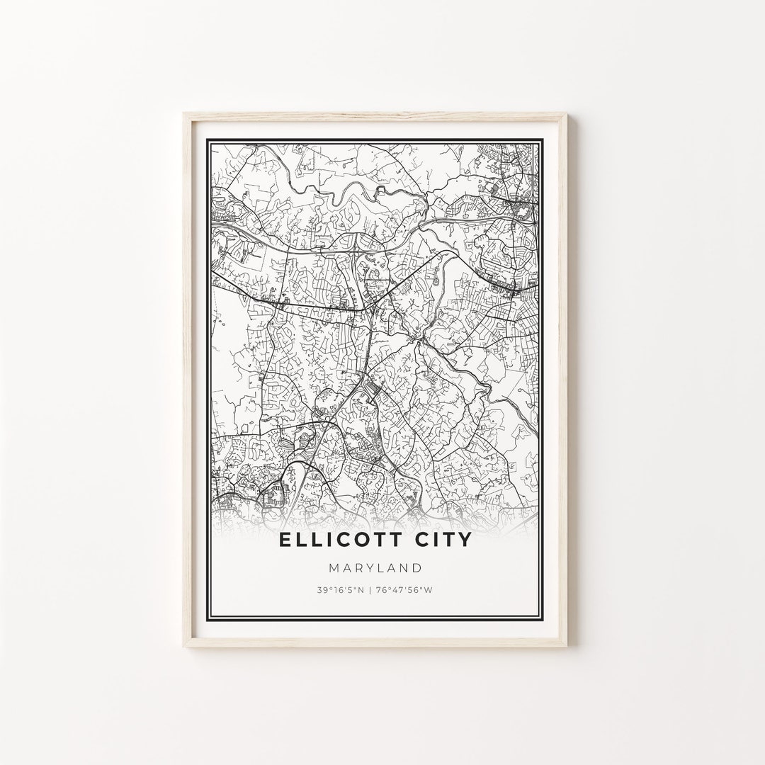 Ellicott City Maryland Map Art Print: Modern Black and White Decor - Etsy