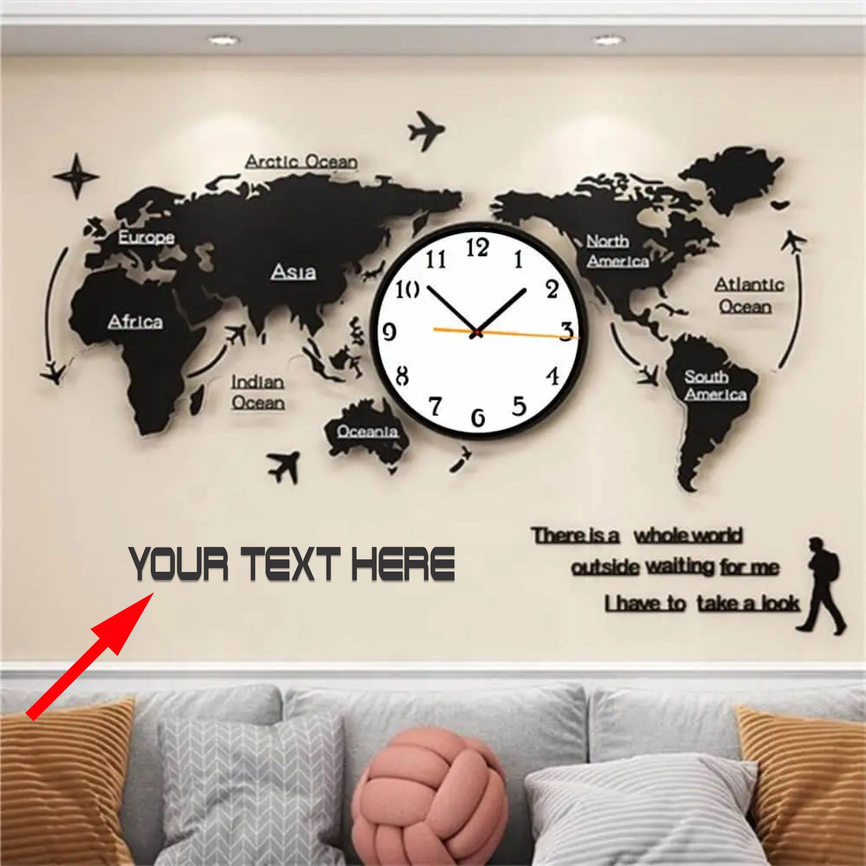 Customize World Map Wall Clock Acrylic Wall Art for Office, Travel ...