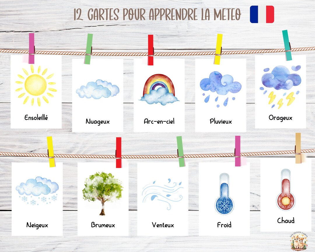 Educational Cards to Learn the Weather in French. Watercolor Weather ...