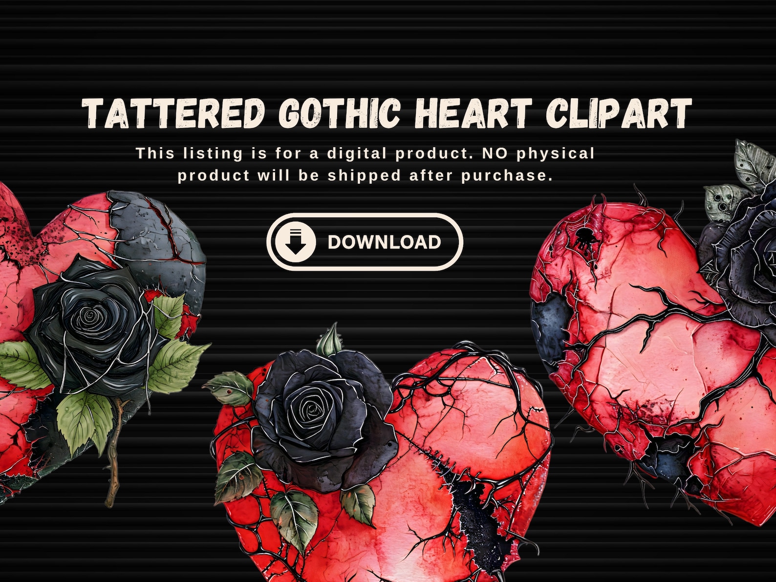 Red Gothic Hearts Clipart Set, Transparent Png Instant Digital Download ...