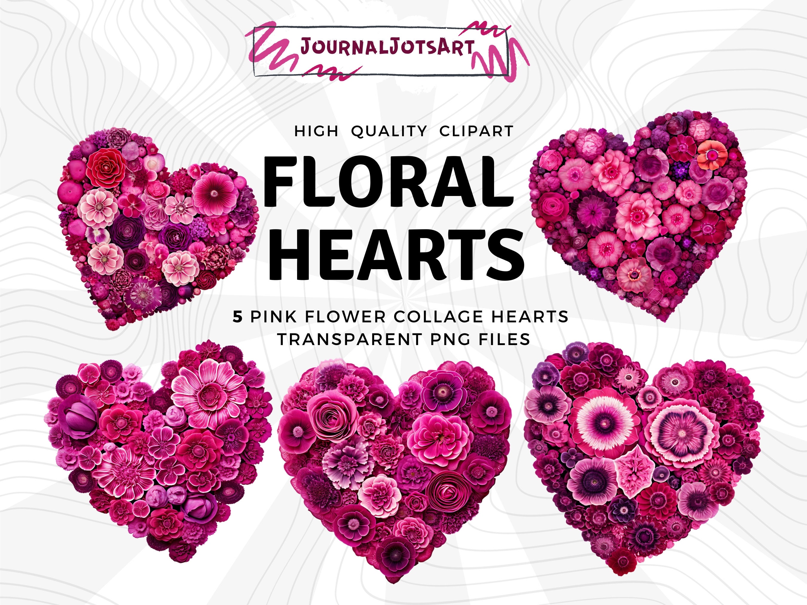 Pink Flower Hearts Clipart Set, Transparent Png Instant Digital ...