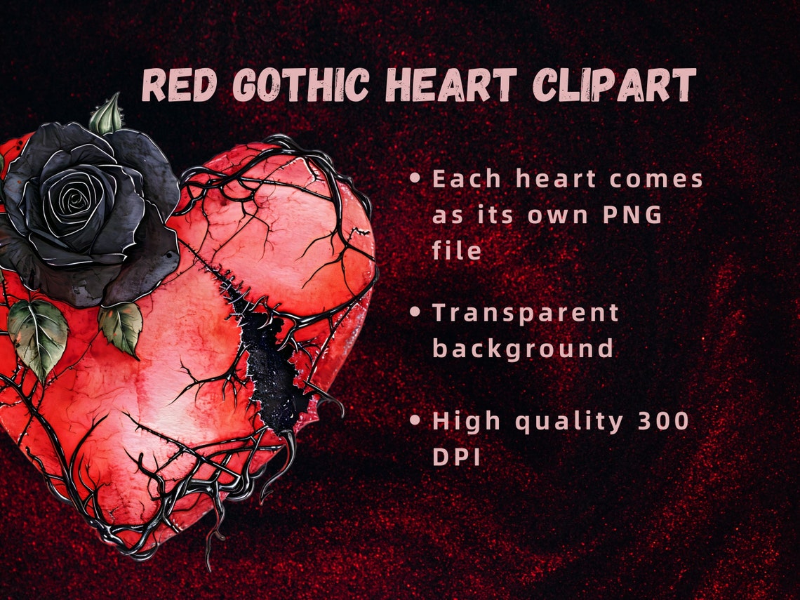 Red Gothic Hearts Clipart Set, Transparent Png Instant Digital Download ...