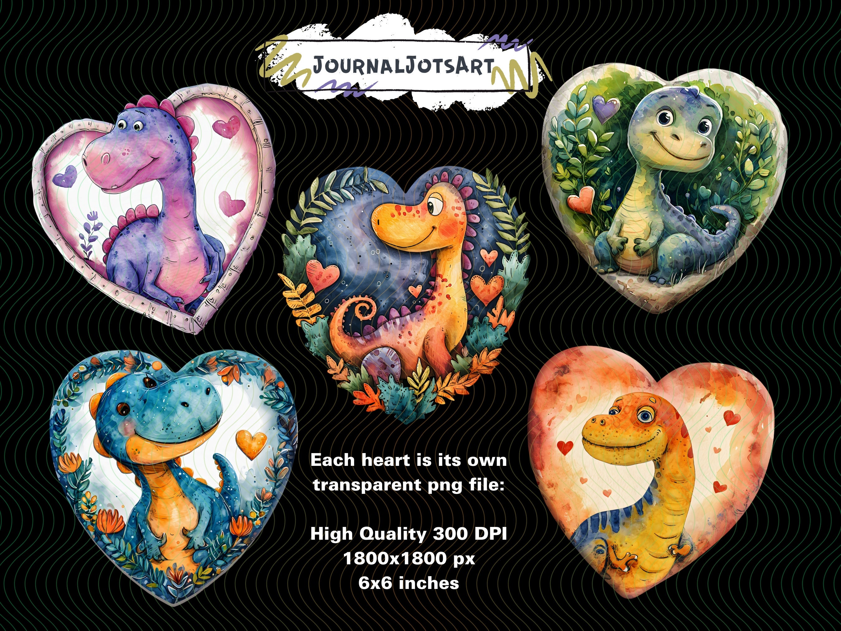 Dinosaur Hearts Clipart Bundle - Set of 5 Watercolor Illustrations - Etsy