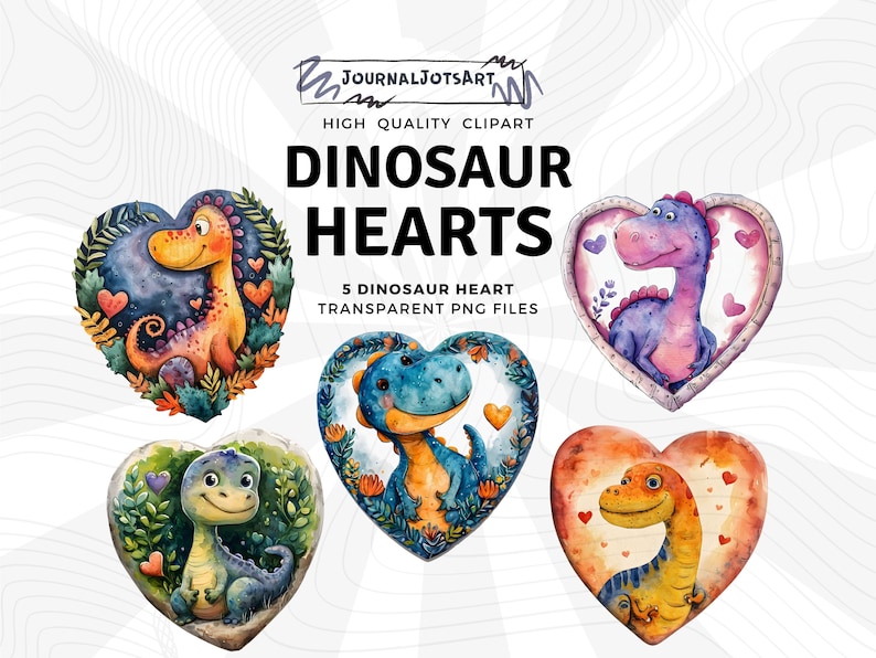 Dinosaur Hearts Clipart Bundle - Set of 5 Watercolor Illustrations - Etsy