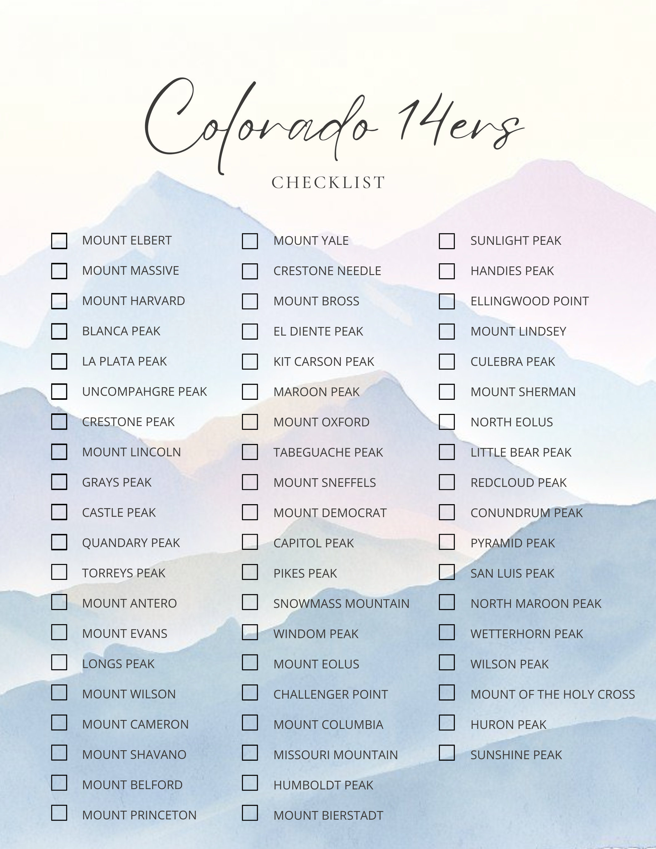 Colorado 14ers Bucketlist | Track Your Hikes With This Watercolor ...