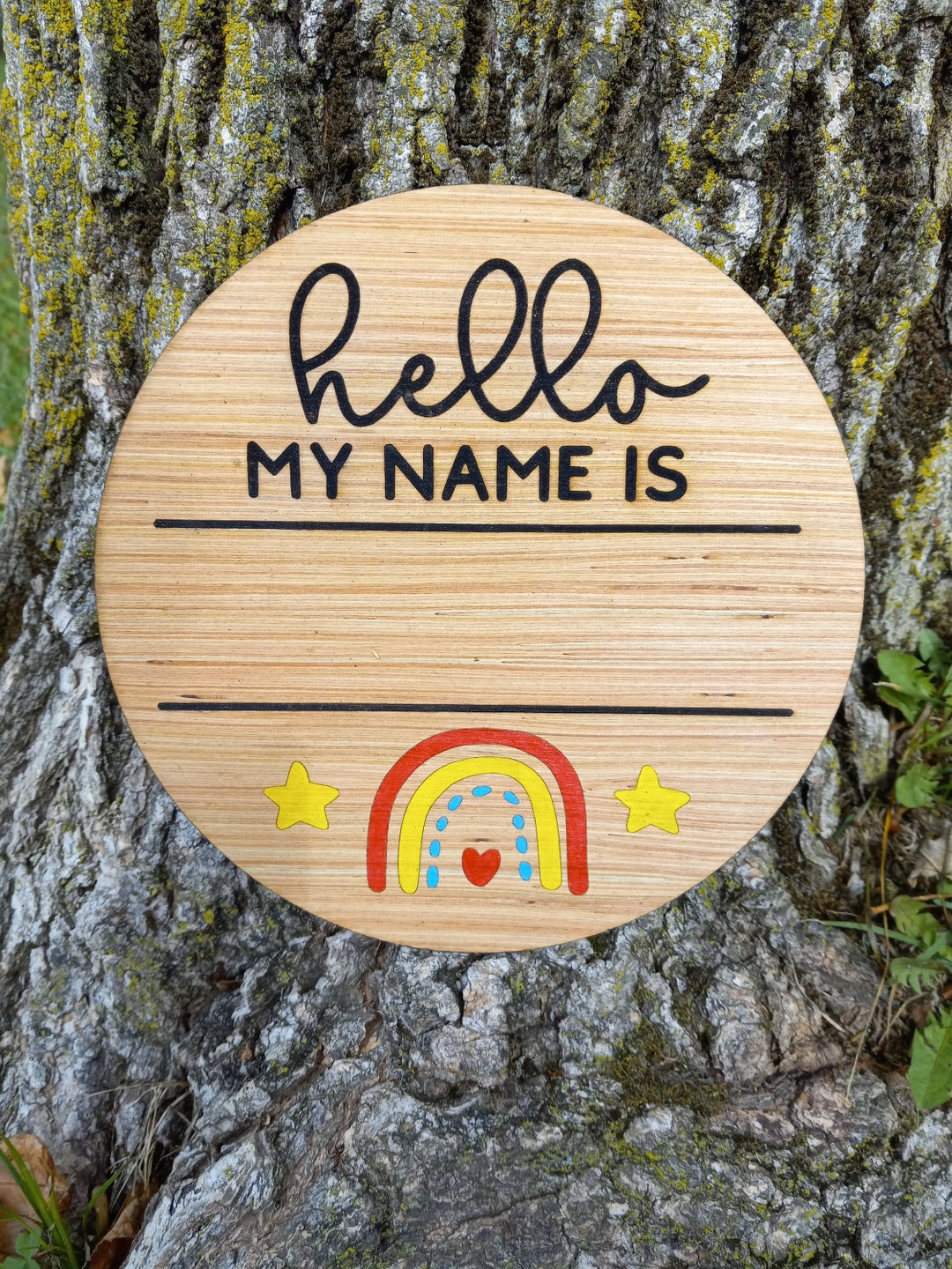 Wood Baby Birth Announcement Round, Rainbow Wooden Announcement, Hand ...