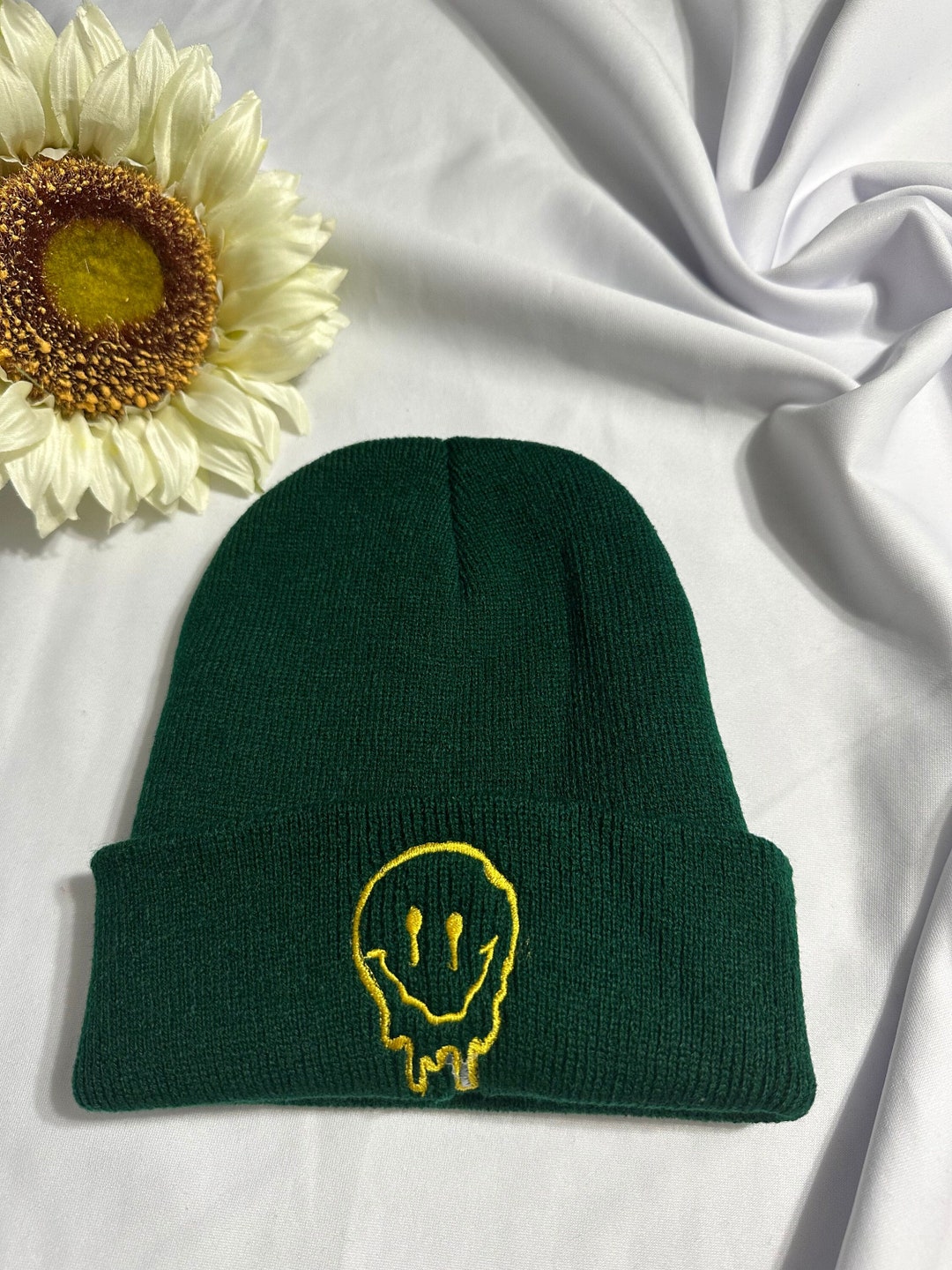 Melting Smiley Face Embroidered Beanie - Etsy
