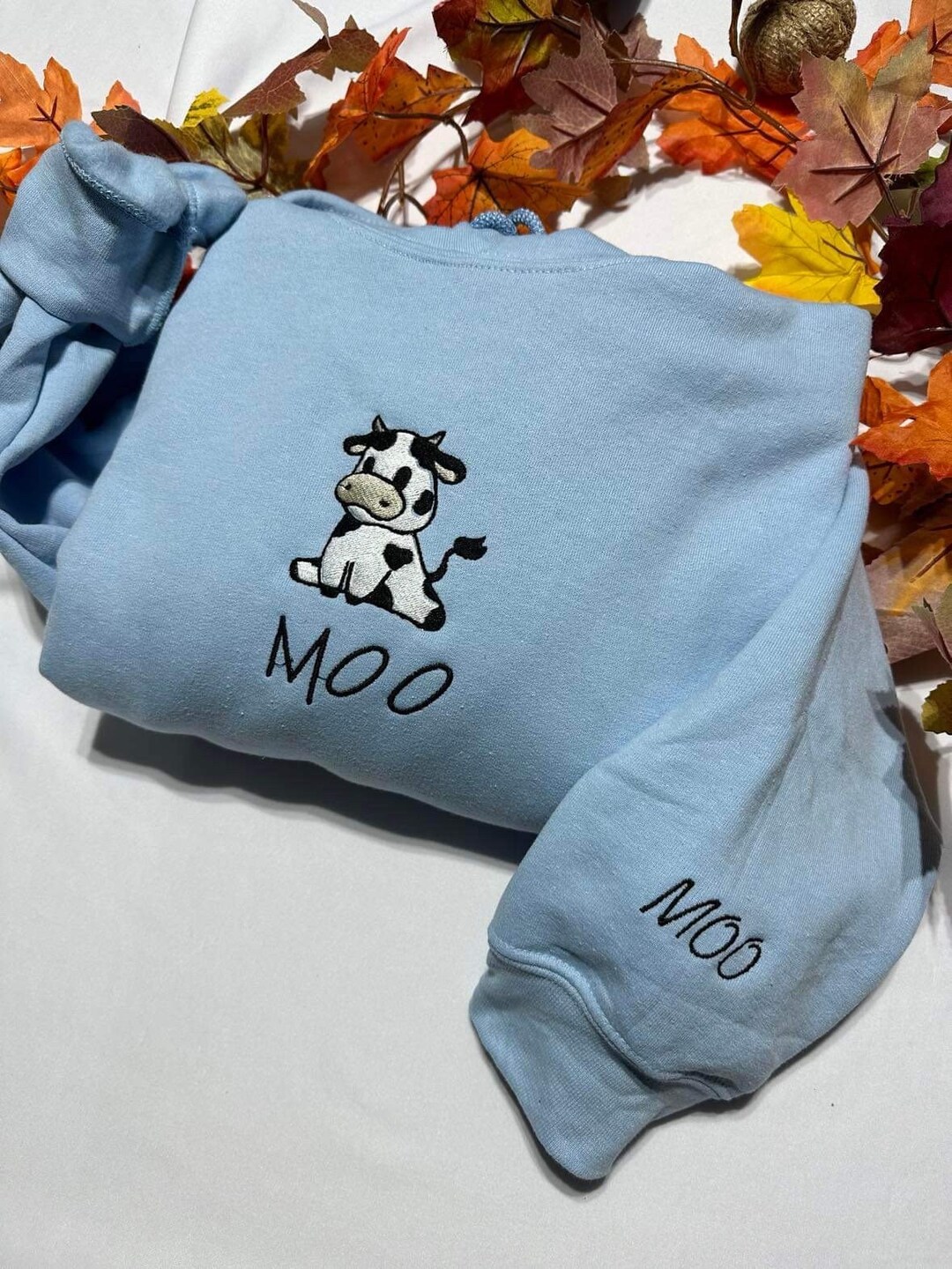 Cow Embroidered Hoodie Sitting Cow With MOO Embroidered on the Cuff of ...