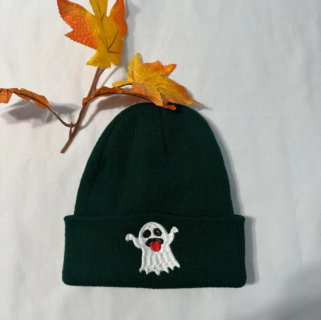 Halloween Ghost Embroidered Beanie - Custom Knit Cuffed Beanie - Etsy