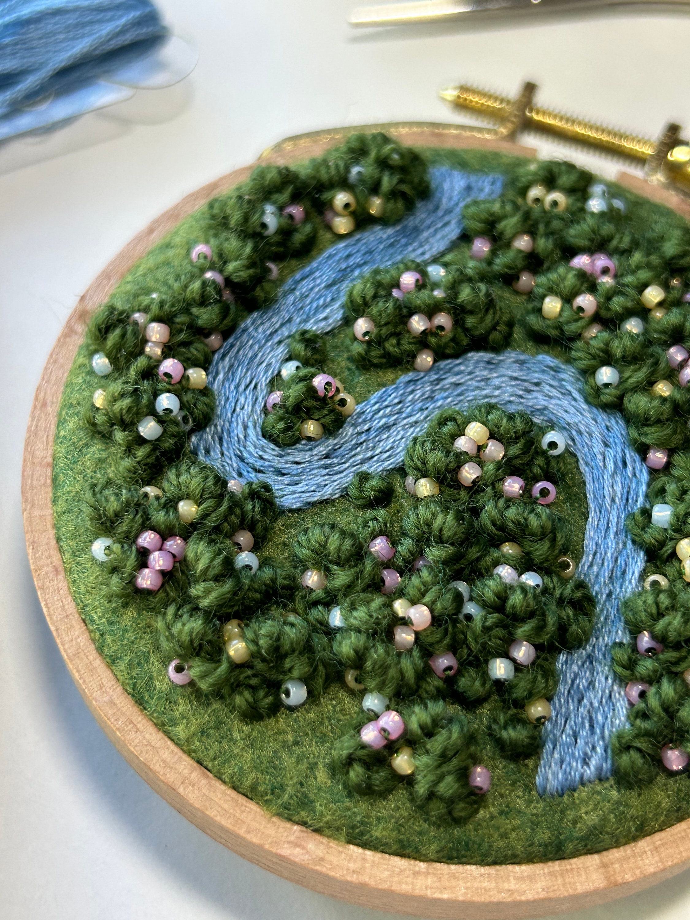 Winding River Through Floral Forest Aerial Landscape Embroidery - Hand ...
