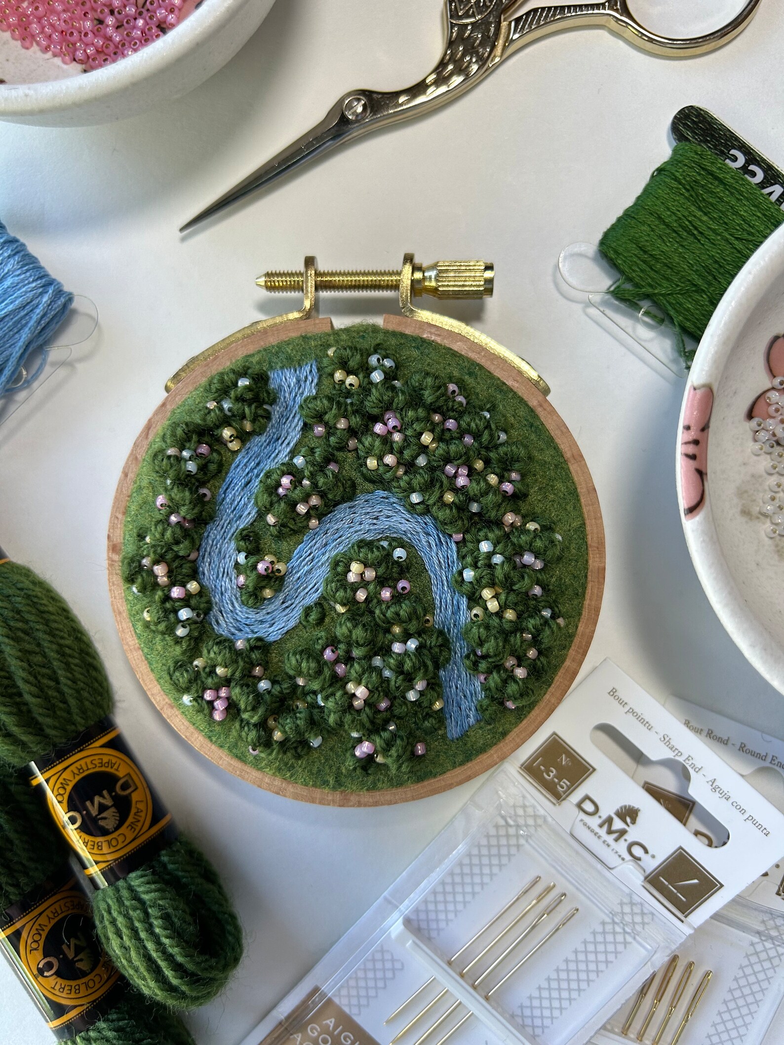 Winding River Through Floral Forest Aerial Landscape Embroidery - Hand ...