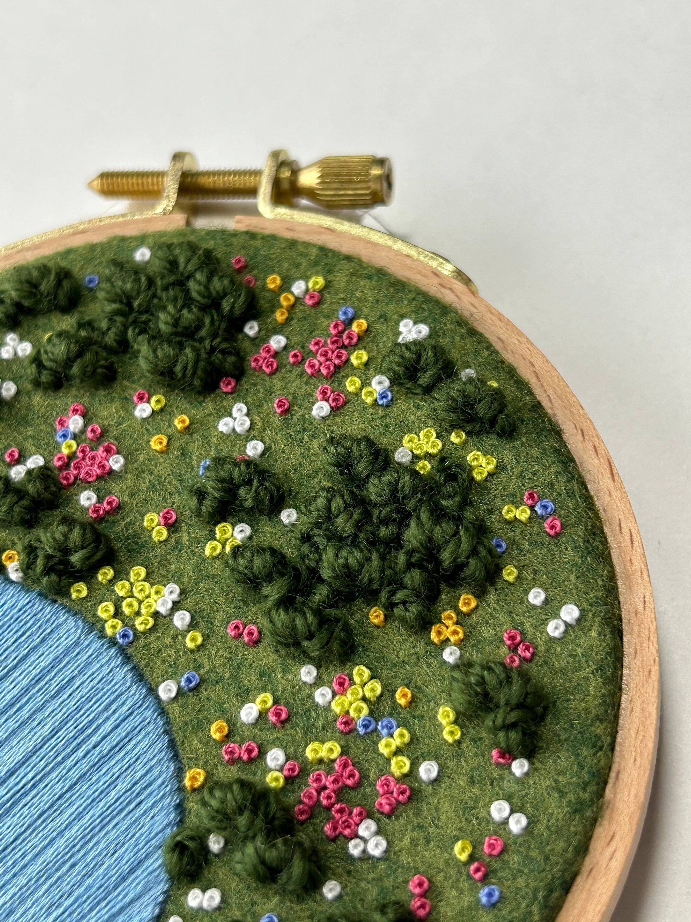 Field of Flowers Surrounding Lake Aerial Landscape Embroidery, Hand ...