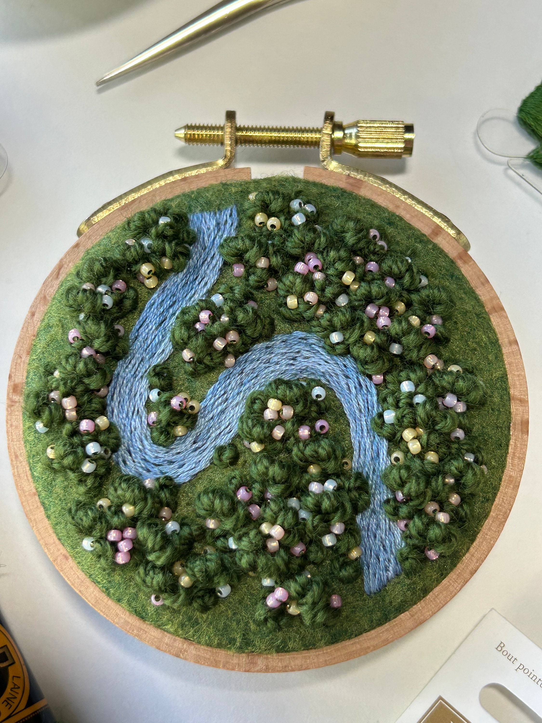 Winding River Through Floral Forest Aerial Landscape Embroidery - Hand ...