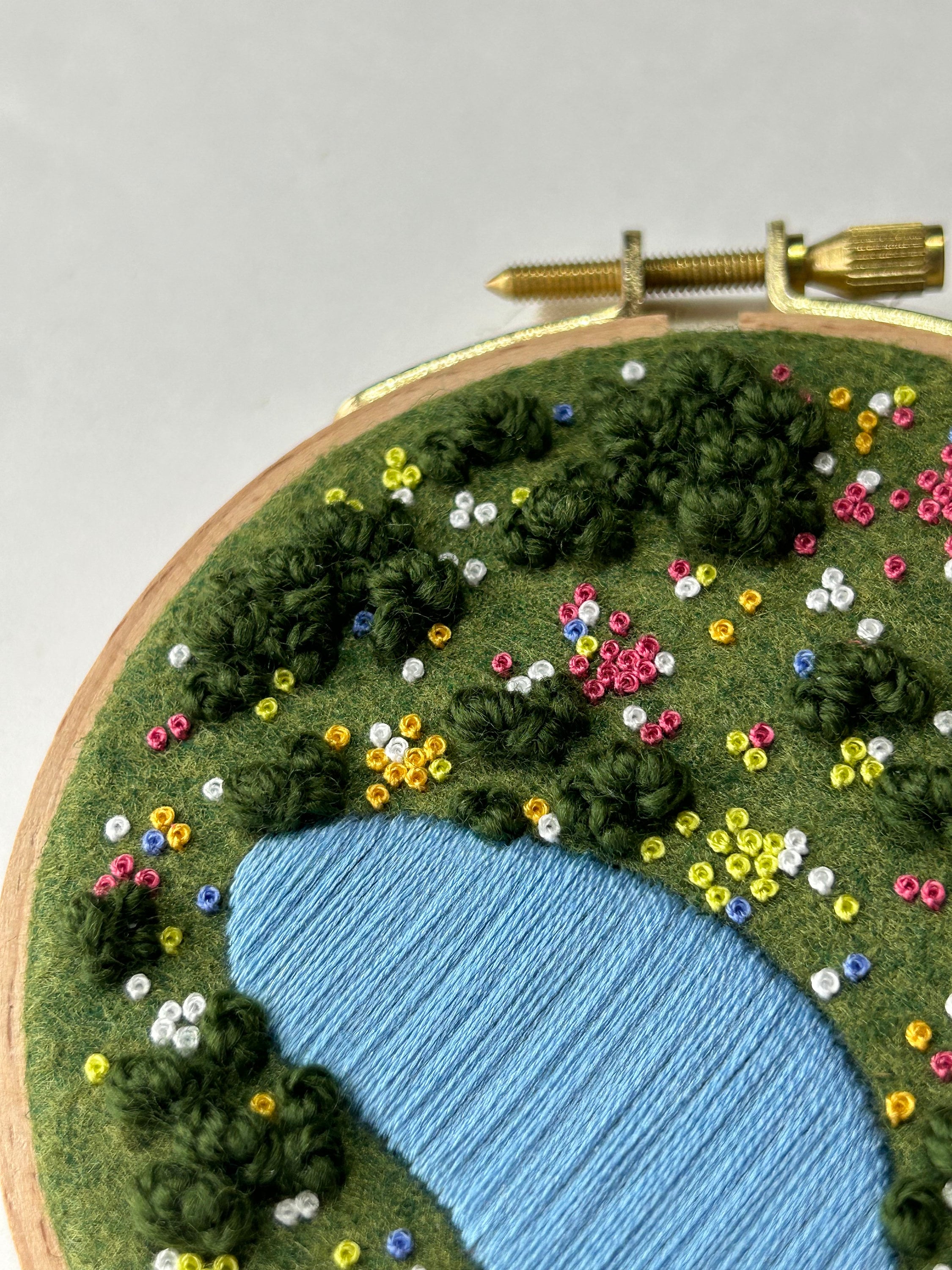 Field of Flowers Surrounding Lake Aerial Landscape Embroidery, Hand ...