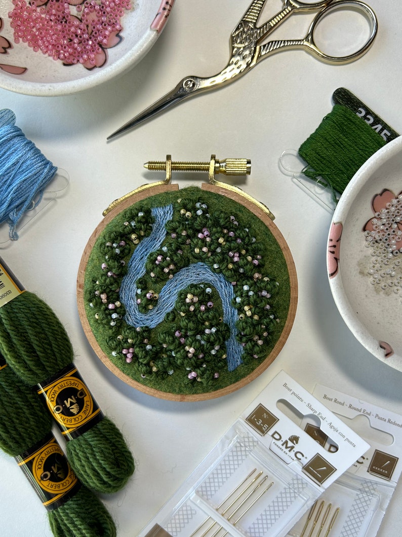 Winding River Through Floral Forest Aerial Landscape Embroidery - Hand ...