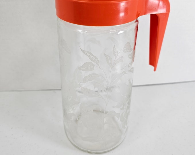 Vintage 1 Quart Tang Glass Pitcher Lid White Lily Etched Carafe With ...