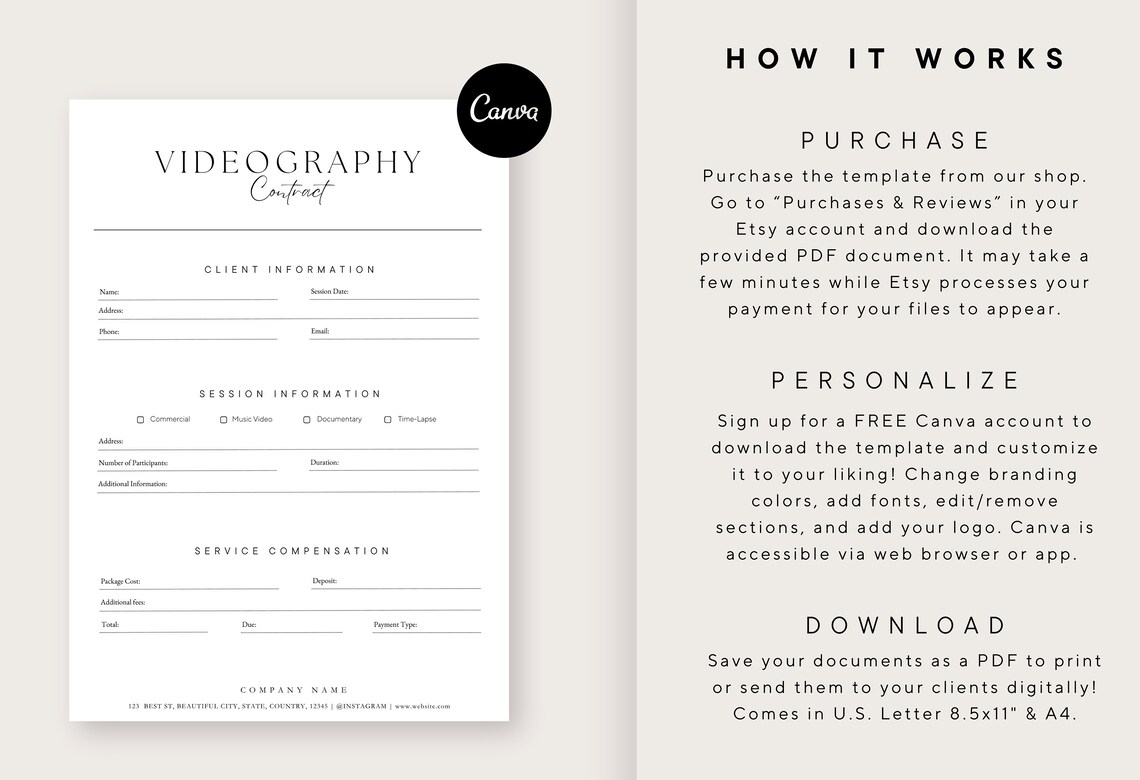 Videography Contract Template, Contract for Videographers, Canva Template, Photography Forms ...