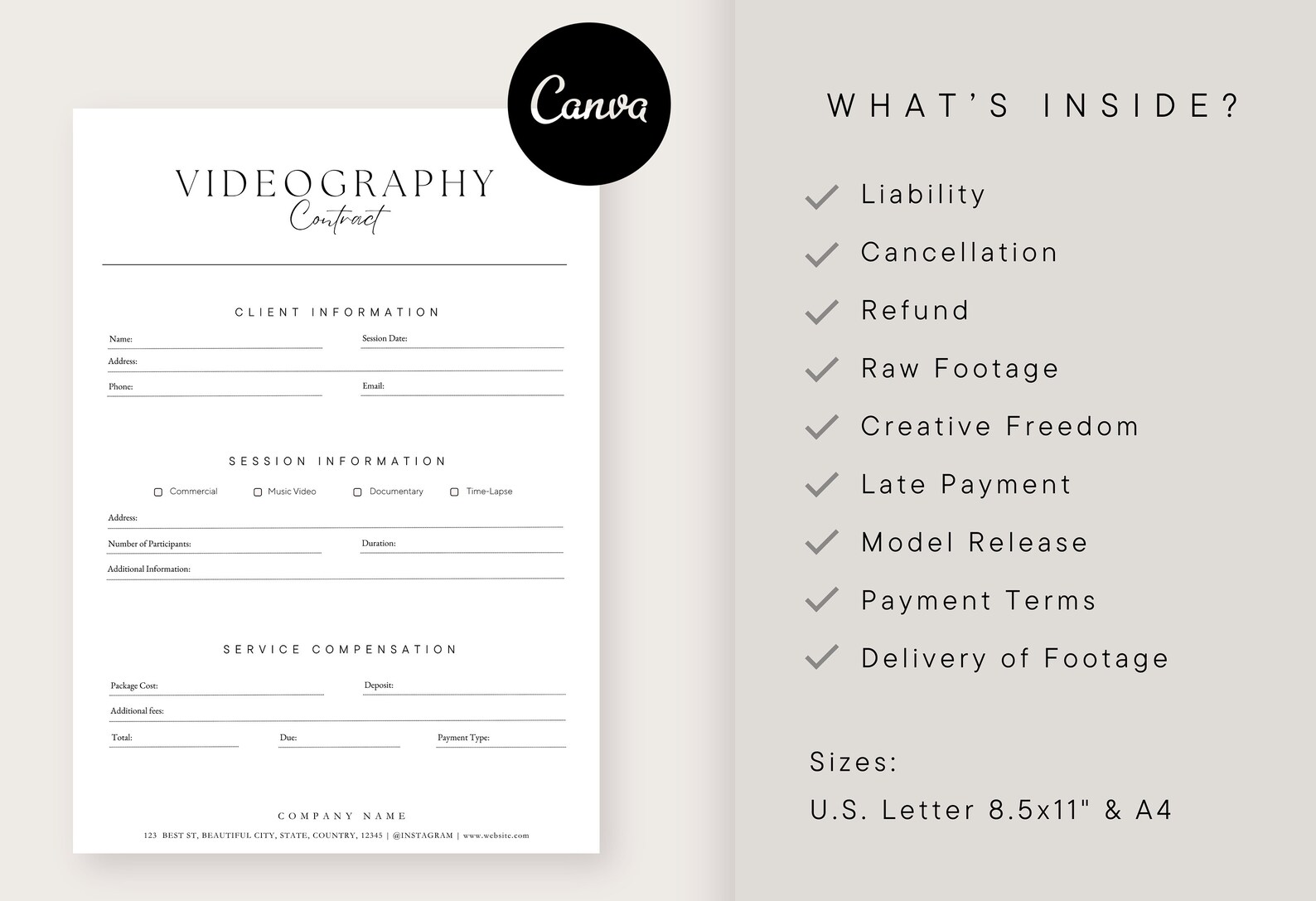Videography Contract Template, Contract for Videographers, Canva ...