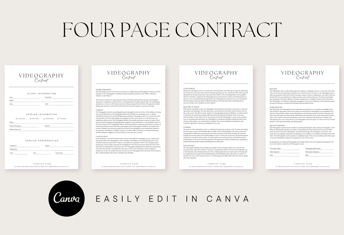 Videography Contract Template, Contract for Videographers, Canva Template, Photography Forms ...