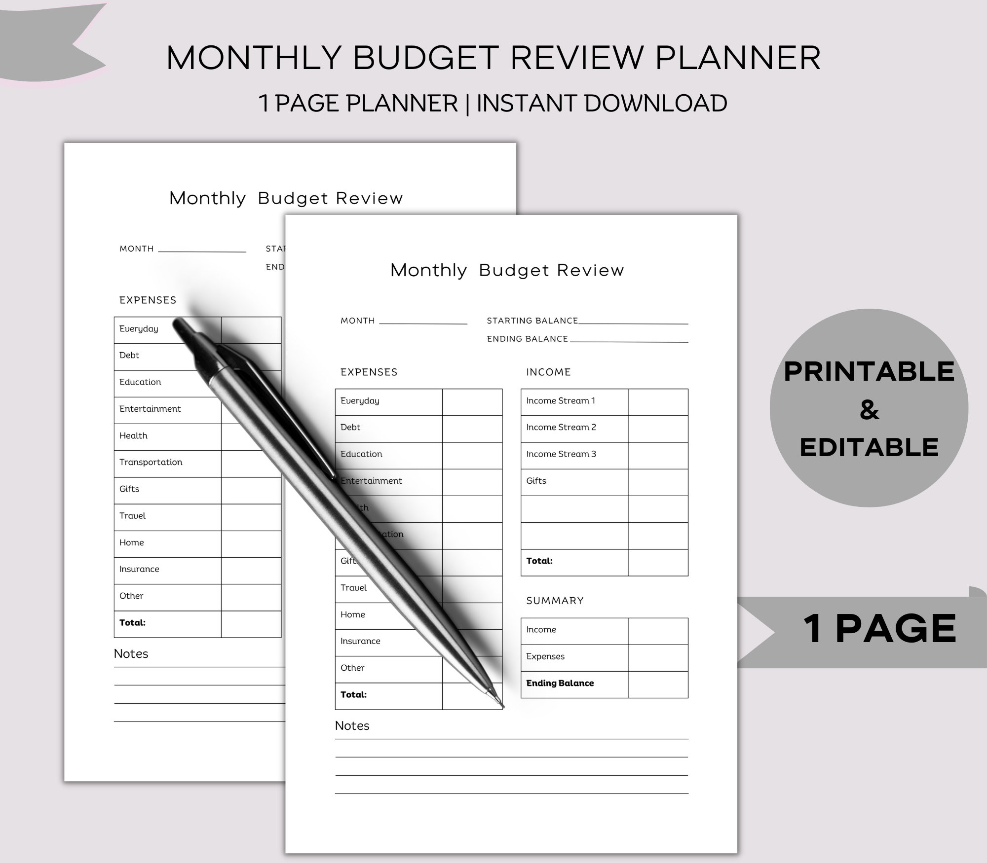 Monthly Budget Review Printable Financial Review Monthly Budget Planner ...