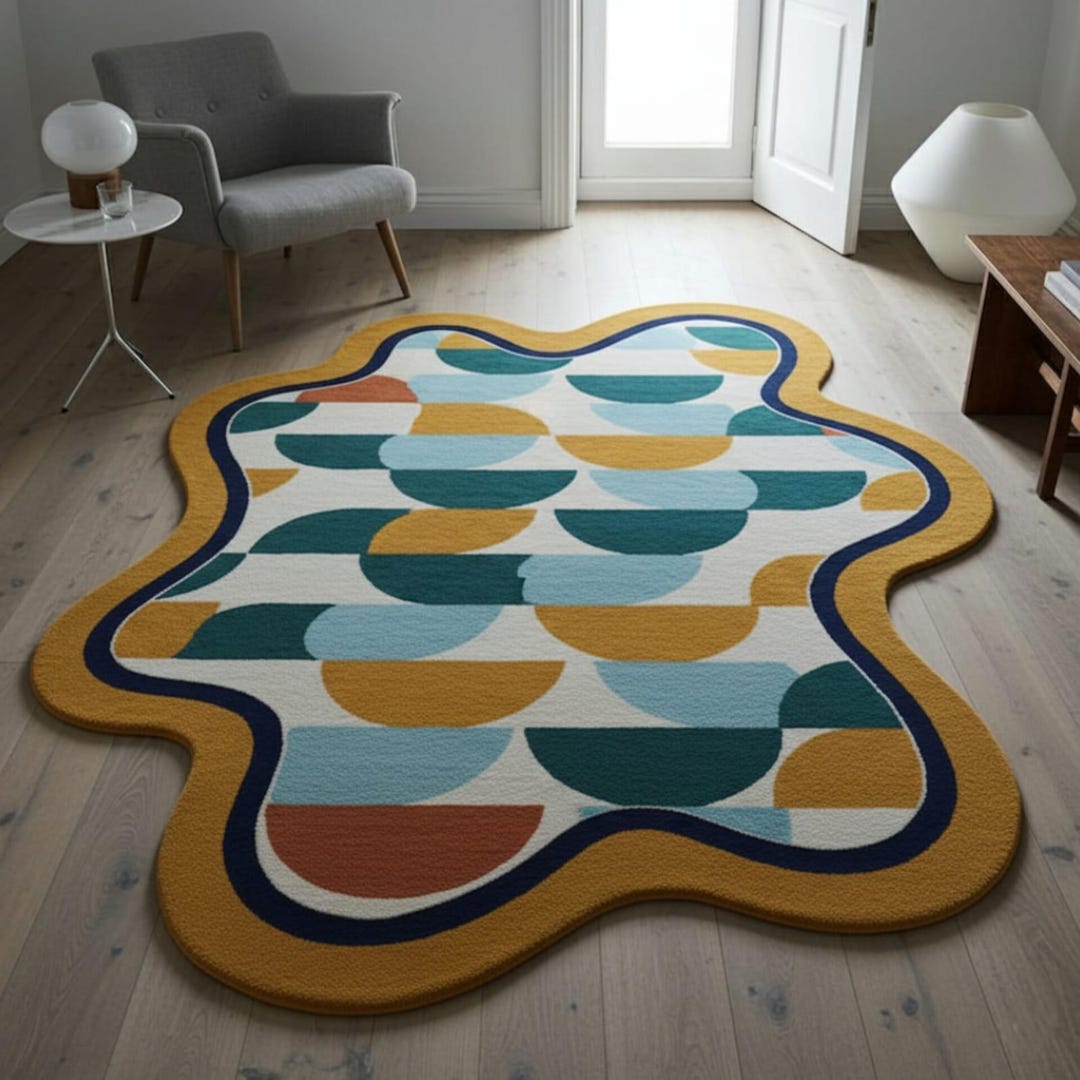 Wavy Edge Geometric Rug | Mid Century Modern Colorful Carpet - Etsy