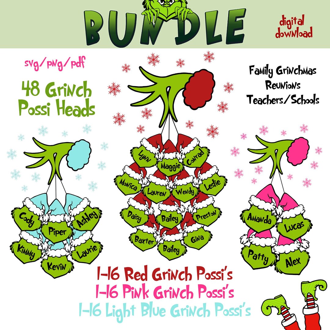 Grinch Possi Heads Bundle, Grinch Faces, Grinch Hand Face, Grinch ...