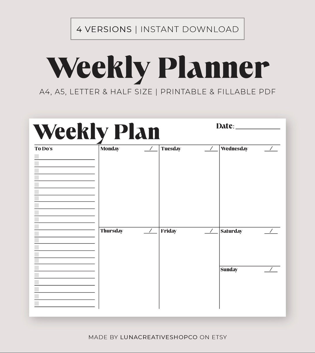 Weekly Planner Printable to Do List Minimal Weekly Schedule - Etsy