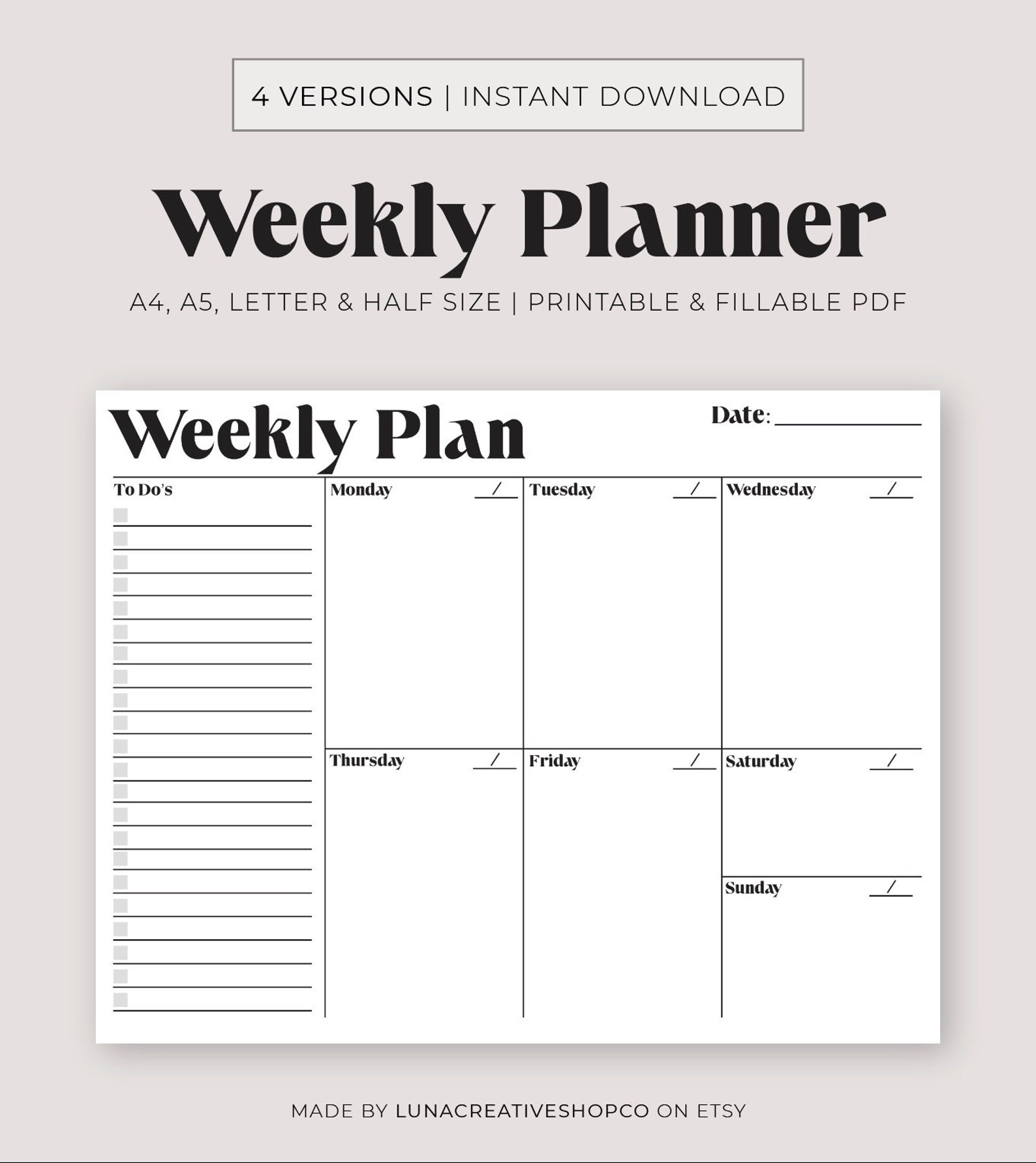 Weekly Planner Printable to Do List Minimal Weekly Schedule - Etsy