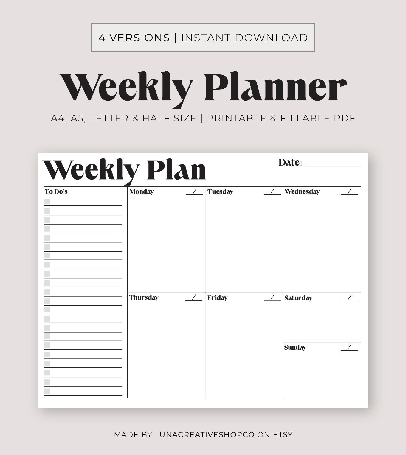 Weekly Planner Printable to Do List Minimal Weekly Schedule - Etsy