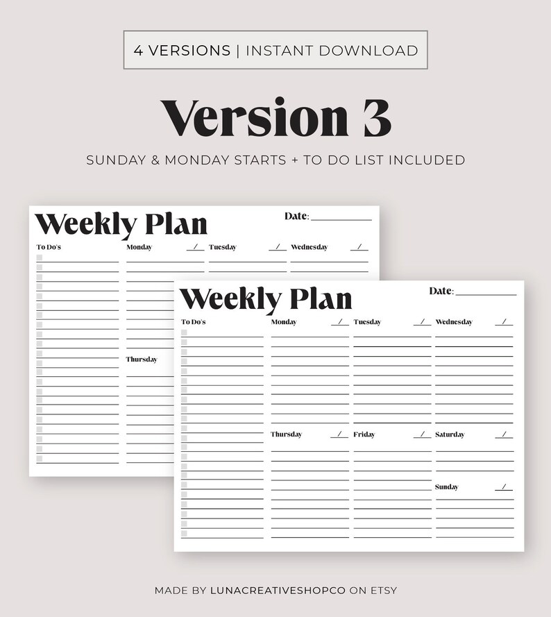 Weekly Planner Printable to Do List Minimal Weekly Schedule - Etsy