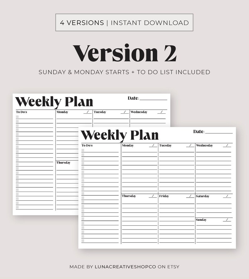 Weekly Planner Printable to Do List Minimal Weekly Schedule - Etsy