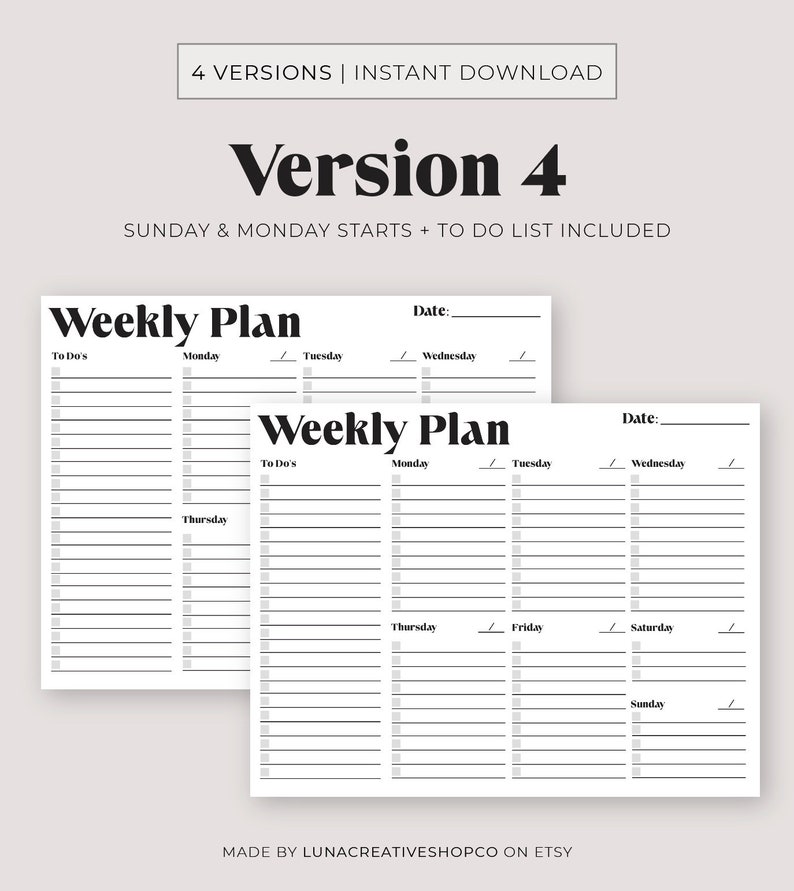 Weekly Planner Printable to Do List Minimal Weekly Schedule - Etsy