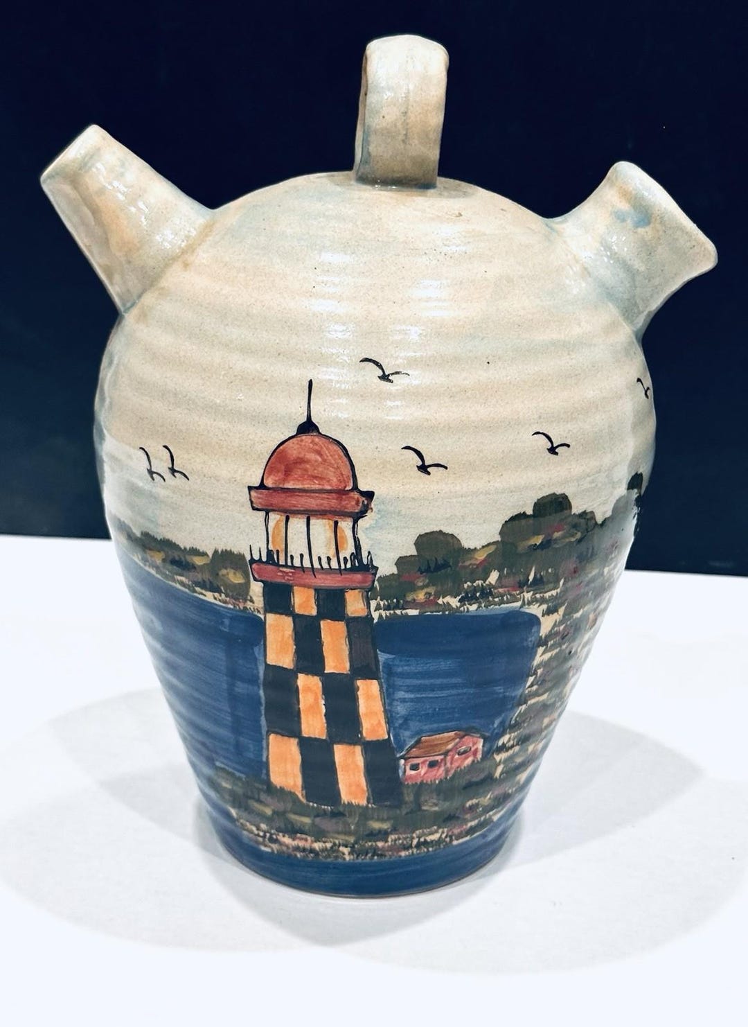 Vintage WCL Stoneware Pottery Lighthouse Lake Scene Double Spout Jug ...