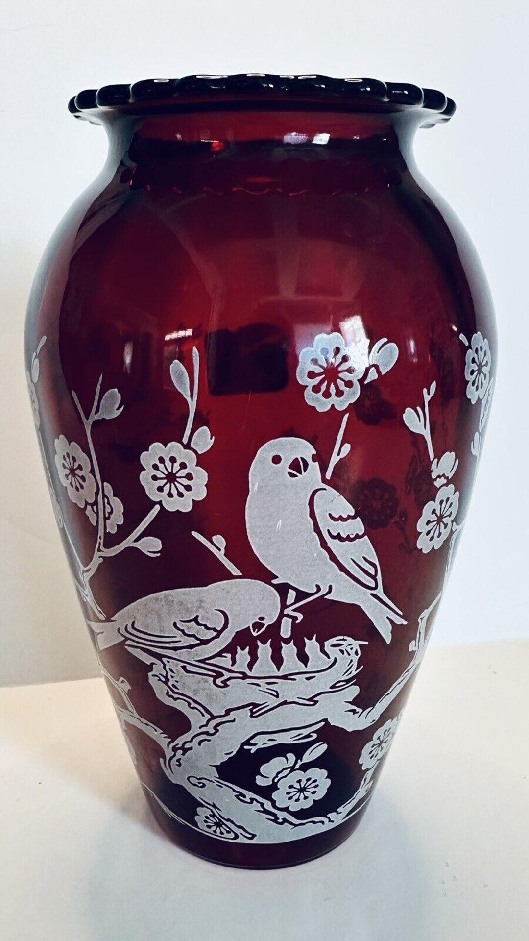 Vintage Glass Anchor Hocking Royal Ruby Red R53 Hoover Flower Vase Bird ...