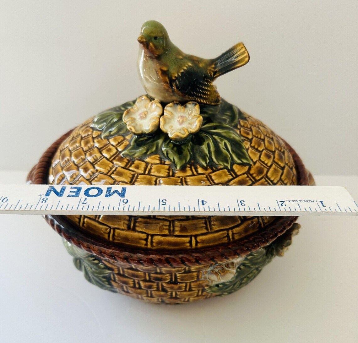 Ceramic Floral Motifs Casserole Dish _ Weaved Style W. Perched Bird on ...